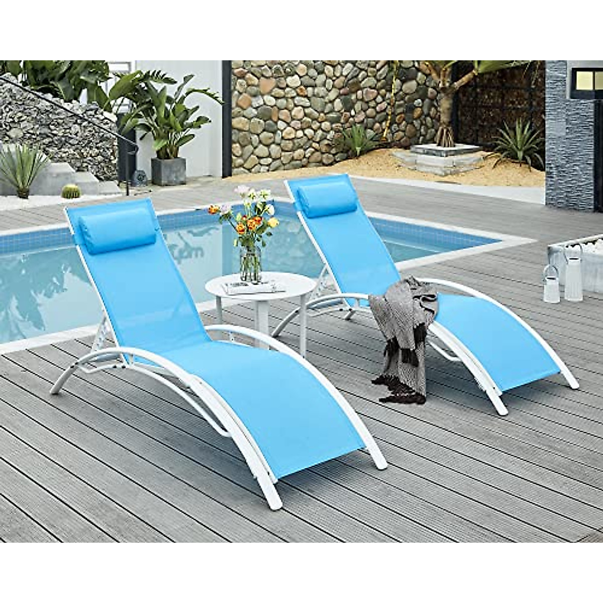 Patio Lounge Chairs Set Outdoor Chaise Lounge Recliner,Tanning Chairs for Outside,Adjustable Chaise Lounge with 2 Pillows for Beach Pool Poolside Yard,2 Pcs,Blue
