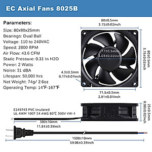 GDSTIME EC Cooling Fan 80mm x 80mm x 25mm AC 110V 115V 120V 220V 240V