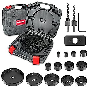 Hole Saw Set HYCHIKA 19 Pcs Hole Saw Kit with 3/4"-6"(19-152mm) 13Pcs Saw Blades, 2 Mandrels, 2 Drill Bits, 1 Installation Plate, 1 Hex Key, Ideal for Soft Wood, Plywood, Drywall, PVC