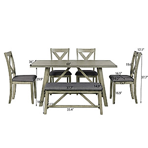 Prohon Wood 6 Piece Dining Set with 60" L Rectangular Table, Multifunctional Soft Bench and 4 X-Shaped Highback Chairs, Farmhouse Rustic Style Kitchen Furniture for Living Room/Apartments, Gray