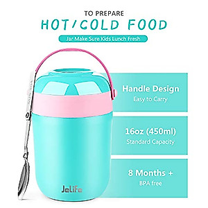 Jelife 16oz Insulated Food Jar Hot Food Containers for Lunch School Soup Thermos for Kids, Vacuum Leak Proof Stainless Steel Lunch Bento Box with Foldable Spoon for Food Travel Camping