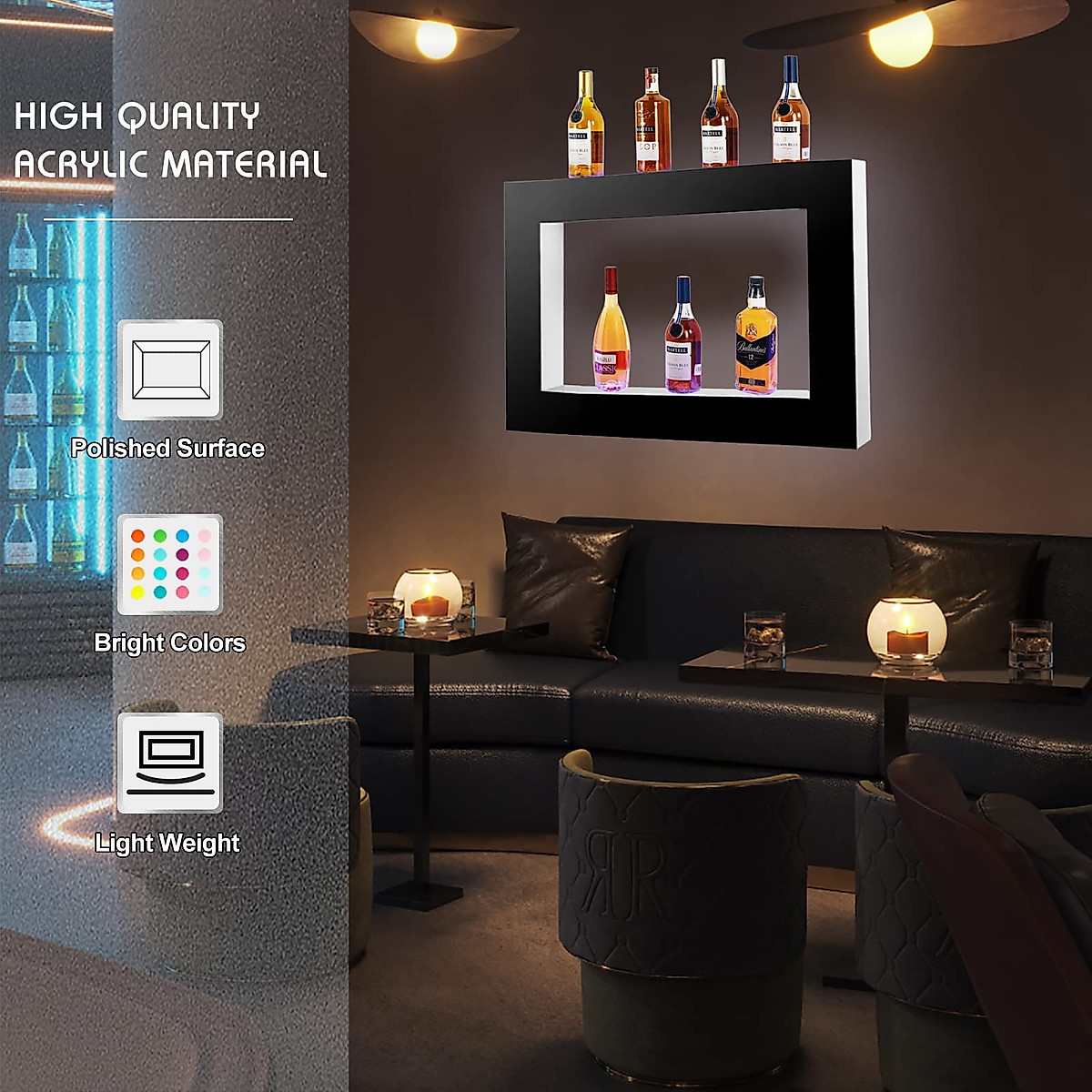 COSVALVE 3 Step Lighted Liquor Bottle Display Shelf, 16 Inch 20 Color Illuminated Bar Bottle Shelf 3-Tier Commercial Home Bar Bottle Display Drinks Acrylic Lighting Shelves with 44-Key Remote Control