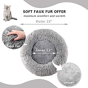 UOZZI BEDDING Plush Faux Fur Round Pet Cat Dog Bed, Comfortable Fuzzy Donut Cuddler Cushion Soft Shaggy and Warm for Winter 22" (Gray)