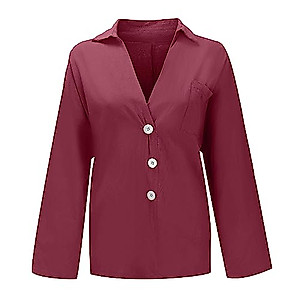 Shirts for Women Roll up Long Sleeve V-Neck Tops Button Down Solid Color Loose Casual Blouses Trendy 2023