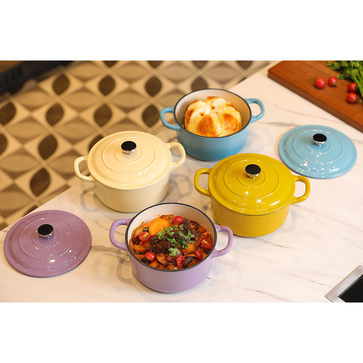 RJ Legend Cast Iron Pot, Enameled Dutch Oven with Lid, Easy to Clean, Heat Retention, 1.9 Quart, with Loop Handles, Mustard Yellow