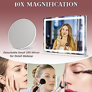 ROLOVE Vanity Mirror with Lights, 32" x 22" Large Lighted Vanity Mirror with Dimmable 3 Modes, LED Makeup Mirror with Detachable 10X Magnification, Touch Screen Control, for Makeup Desk, Dressing Room