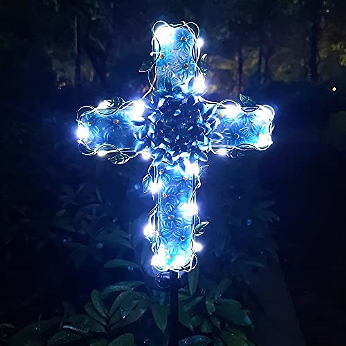 COOZZYHOUR Solar Cross Garden Lights Outdoor Decorative - Solar Metal&Glass Cross Blue Hydrangea Flower Stake Lights- Waterproof 20 Warm White LED for Remembrance Gifts