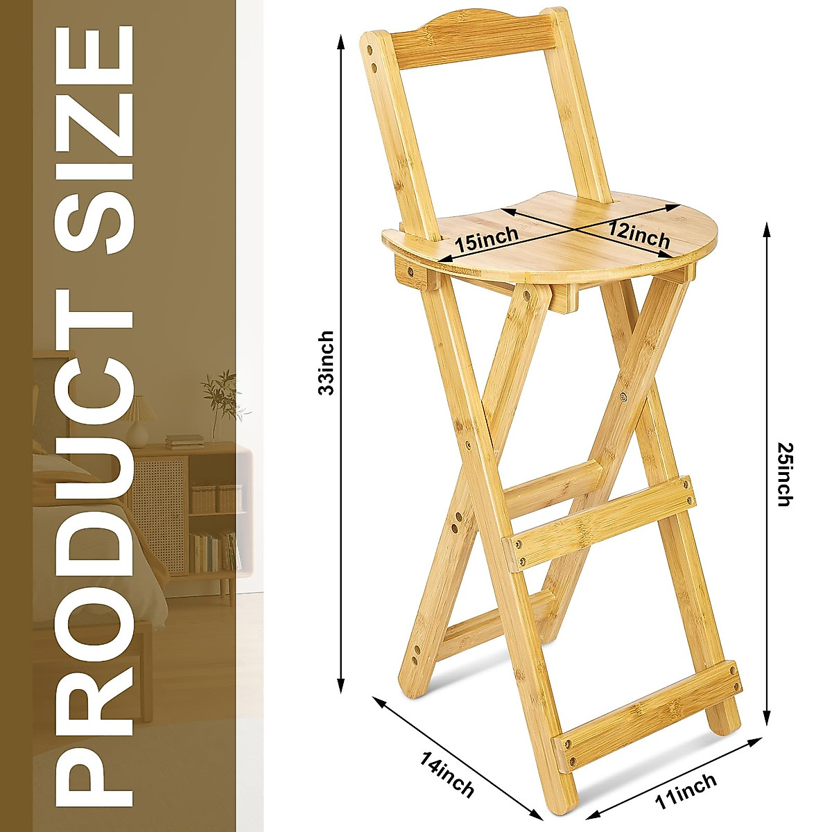 Leinuosen 2 Pieces Folding Bamboo Bar Stools with Backrest and Footrest 33 Inches Foldable Barstool Collapsible Portable Counter Height Folding Chairs with Pedals for Home, Outdoor, Kitchen