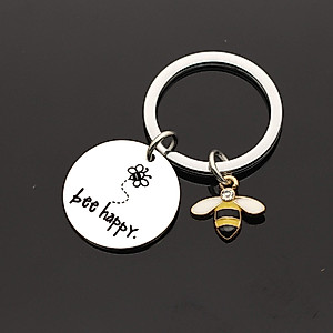 Women's Keychain " Bee Happy" Keyring Keychain, Gift for Mom, Aunt, Daughter, Niece, Friends (Silver)