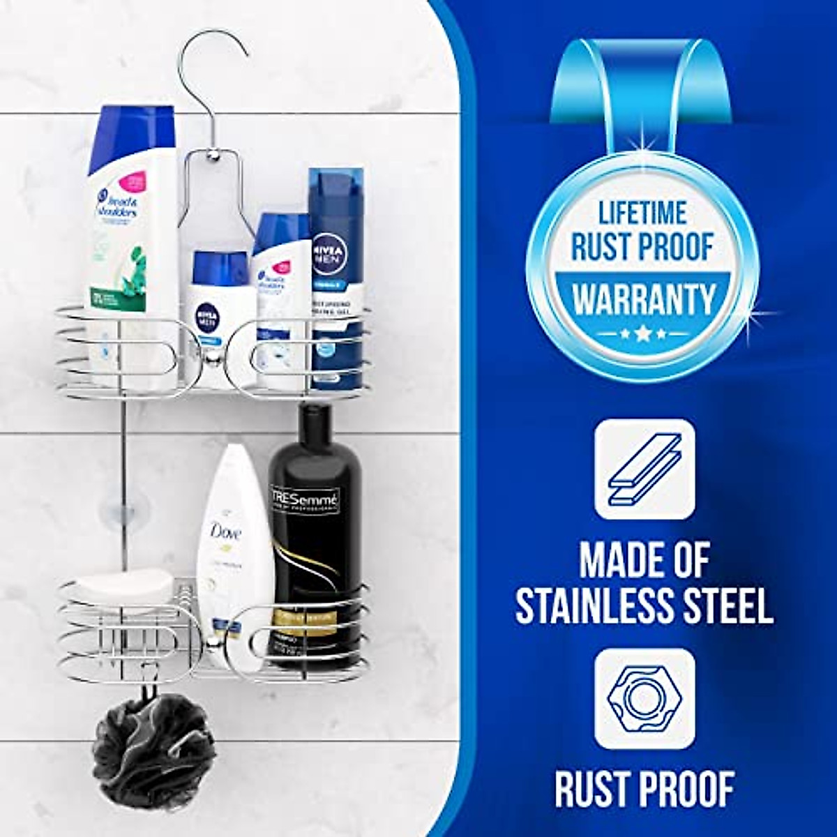 SKATCO Hanging Shower Caddy - 2-Tier Rust-Resistant Stainless Steel Shelves Chrome Rack Over Shower Head Organizer Bathroom Basket Storage Holds Shampoo, Conditioner, Soap, Bath Sponge, Razors