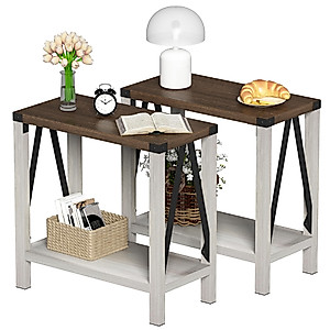 ChooChoo Farmhouse End Table Set of 2, Narrow Side End Table with Storage Shelf, Rustic A-Design Nightstand Sofa Table for Living Room, Bedroom(White&Brown)