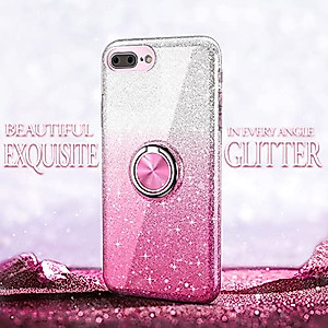 PeeTep iPhone 8 Plus Case, iPhone 7 Plus Case for Girls Women, Slim Glitter Sparkly Case with 360°Ring Holder Kickstand Magnetic Car Mount Shock-Absorbent Protective Durable Cover,Pink