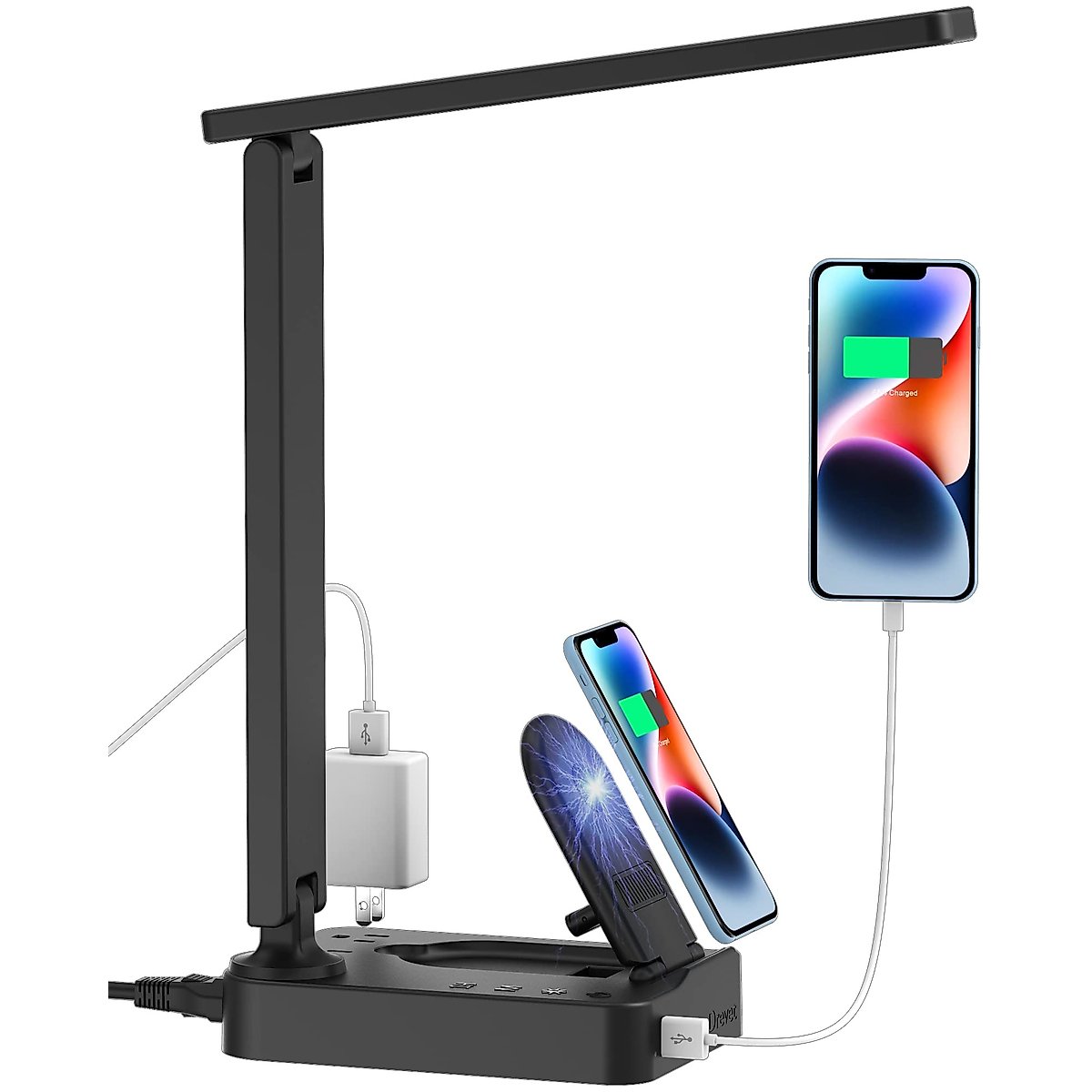 Drevet LED Desk Lamp with Wireless Charger, Desk Table Light with USB Charging Port and 2 Outlets, 3 Lighting Modes, 3 Level Brightness, 1H Timer, Touch Control, Eye-Caring Home Office Foldable Lamp