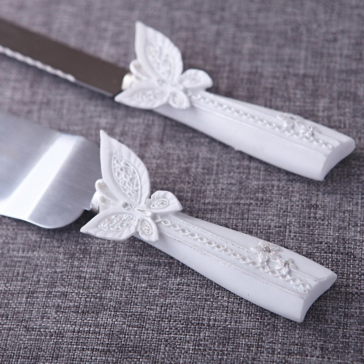 Cake Knife Server Set with Fashion craft Baroque, White Butterfly design, Elegant Stainless Steel Silverware for Personalized Weddings, Valentine's Day Birthdays, Christmas, New Year Party