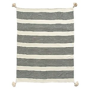 Creative Co-Op Cream Cotton & Chenille Woven Black Stripes & Tassels Blankets and Throws