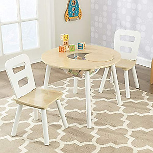 KidKraft Wooden Round Table & 2 Chair Set with Center Mesh Storage - Natural & White, Gift for Ages 3-6 23.5 x 23.5 x 17.3 and Wooden Two-Step Children's Stool with Handles - White, Gift for Ages 3-8