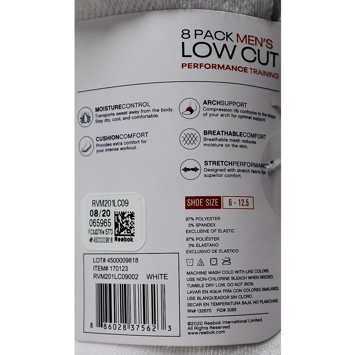 Reebok Men's Low Cut Socks Cushion Performance Training, White, 8 Pairs