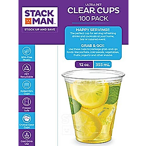 Stack Man [100 Pack - 12 oz.] Clear Disposable Plastic Cups PET Crystal Clear Disposable 12oz Plastic Cups