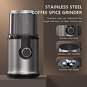 Electric Coffee Grinder with 1 Removable Cup, Adjustable Coffee Bean Grinder for Beans, Spice, Herb, Nut, Flax Seed, 300W Powerful Electric Spice Grinder with Non-Slip Feet, Clear Lid, Stainless Steel
