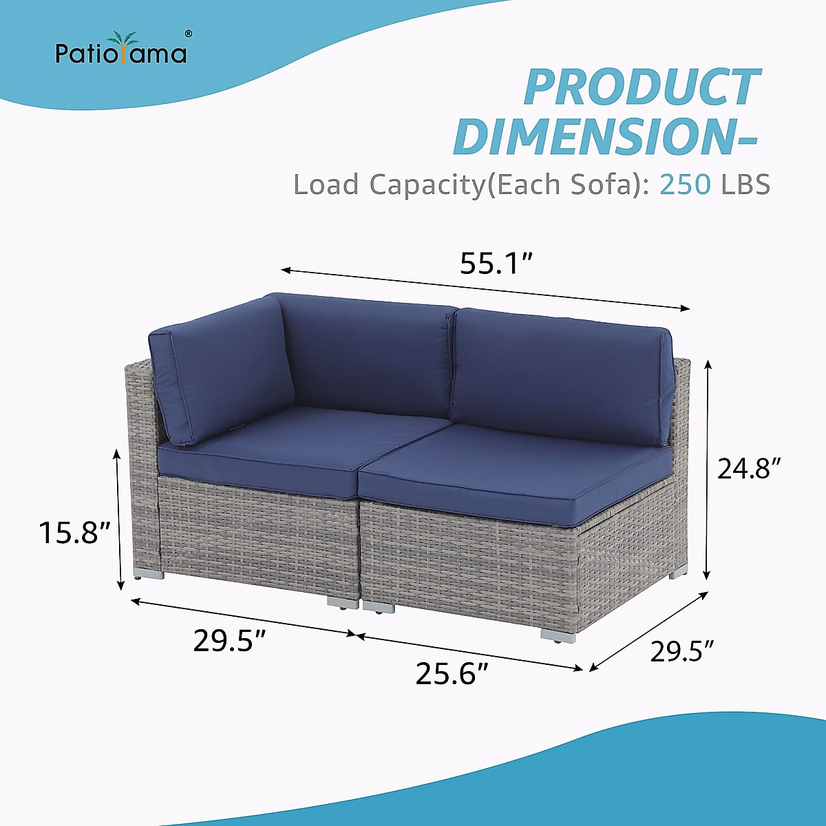 Patiorama 2-Piece Patio Furniture Set, Outdoor Sectional Sofa, All-Weather Grey PE Wicker Rattan Conversation Set,Outdoor Couch Loveseat,Patio Seating for Porch Balcony Garden Pool(Navy Blue Cushion)