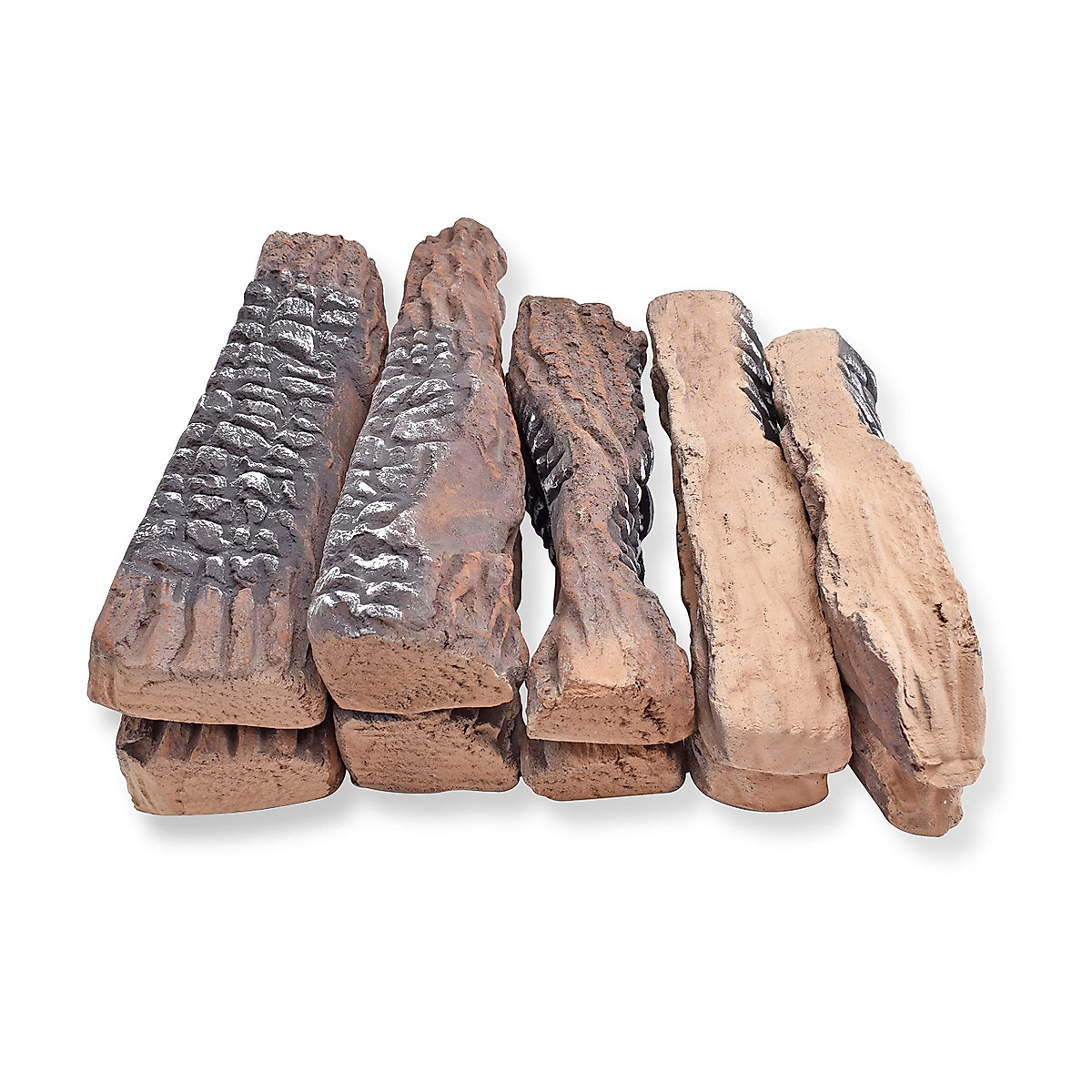 Chesio Ceramic Fire Log Set - 10 Piece Indoor Fireplace Logs - Complete with Rockwool Glowing Embers