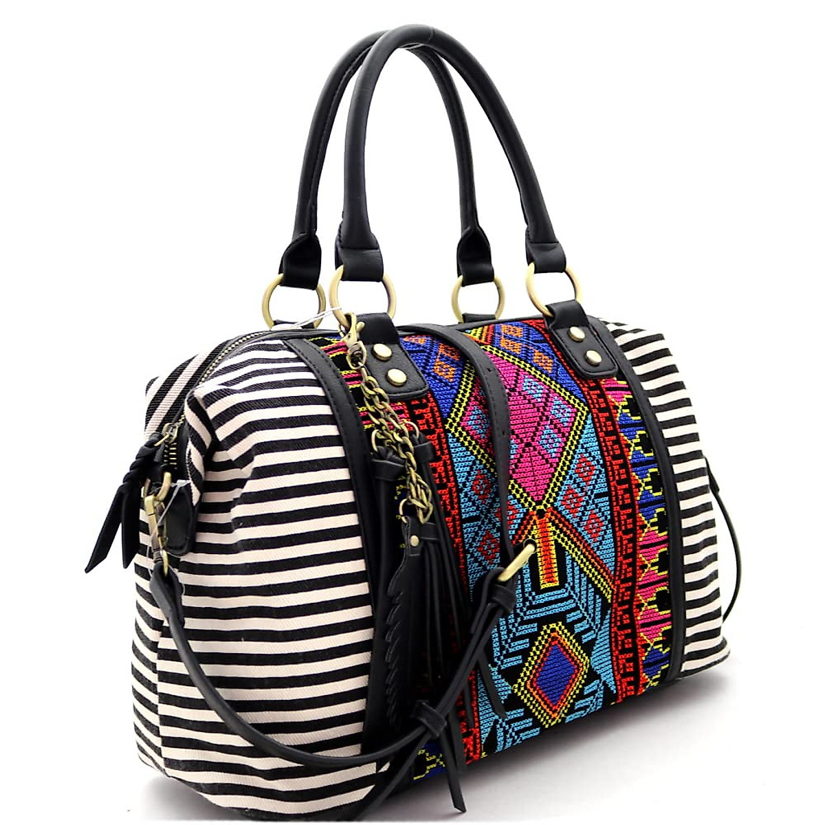 Boho Tassel Leaf Charm Aztec & Stripe Embroidered Canvas Satchel Tote Handbag Purse (Embroidered Satchel - Black/Black)