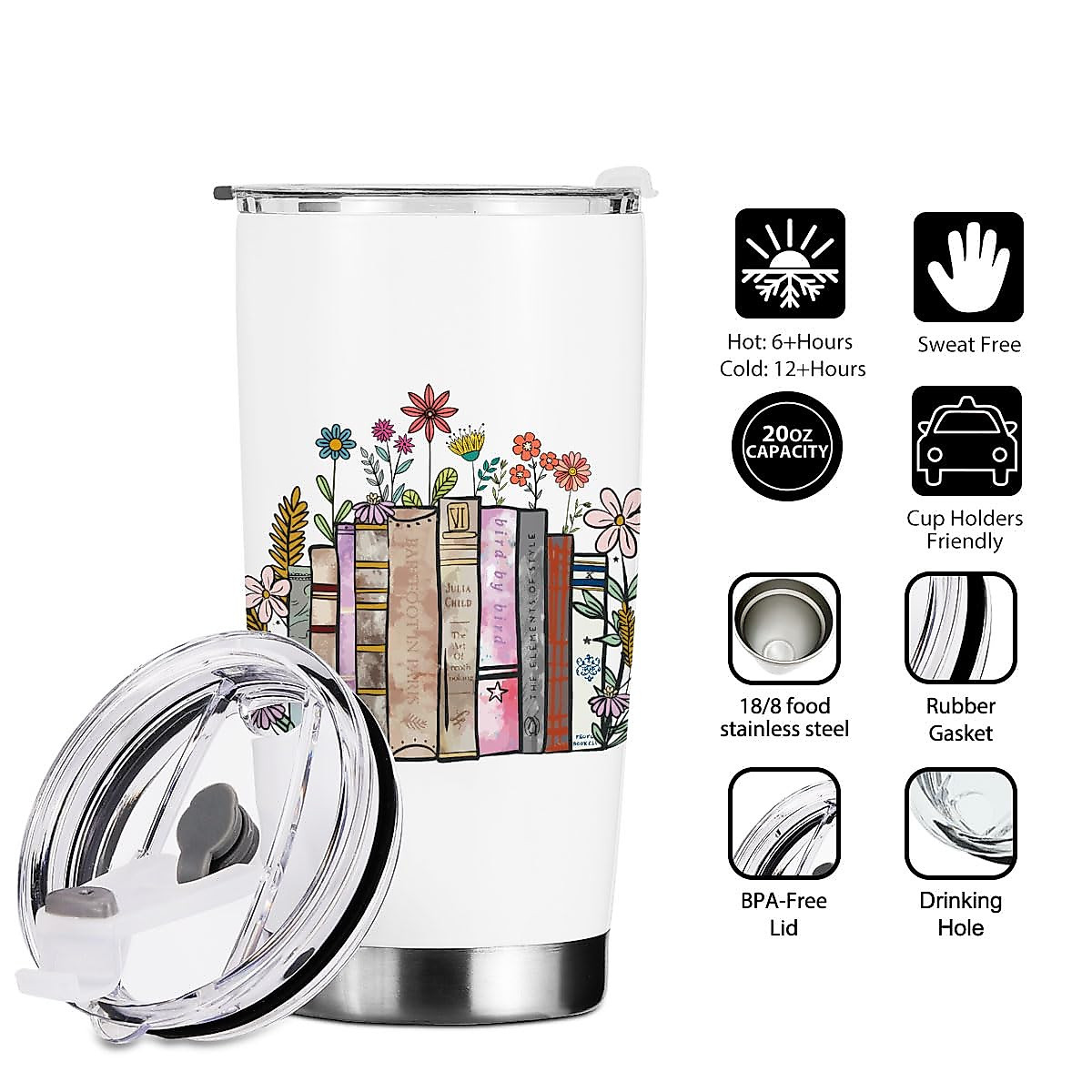 Book Lovers Gifts Stainless Steel Tumbler, Book Club Gifts Bookish Gifts Coffee Mug with Lid, 20 oz Thermal Cup Insulated Water Glasses, Book Accessories Librarian Gifts for Women Girls Bookworm Niece