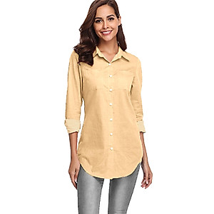 Fuinloth Women's Chambray Button Down Shirt, Long Sleeve Cotton Blouse, Long Jeans Tunic Top Light Orange Medium