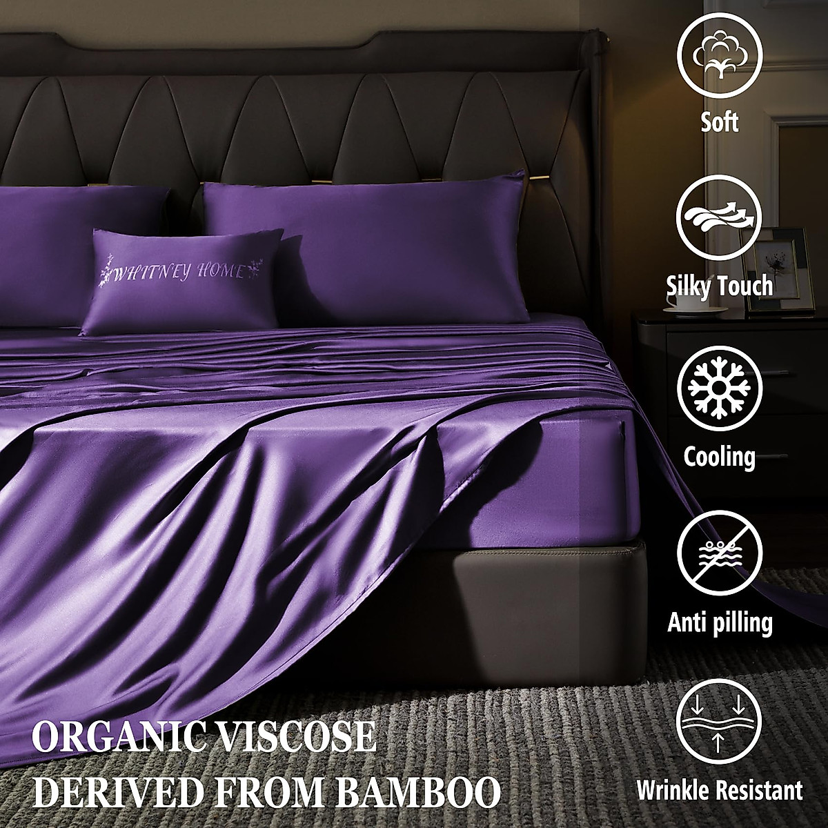 Whitney Home Textile Queen Size Sheet Set - Rayon Derived from Bamboo, Luxury Cooling Bed Sheets, 16" Extra Deep Pocket, Soft & Breathable Hotel Bedding Sheets and Pillowcases Sets