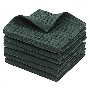 GQZLUCK 100% Natural Cotton Kitchen Towels Dish Towels Classic Waffle Weave Dish Cloths, Soft Ultra Absorbent Kitchen Hand Towel, Fast Drying Lightweight Washcloth, Set of 6 (Blackish Green)