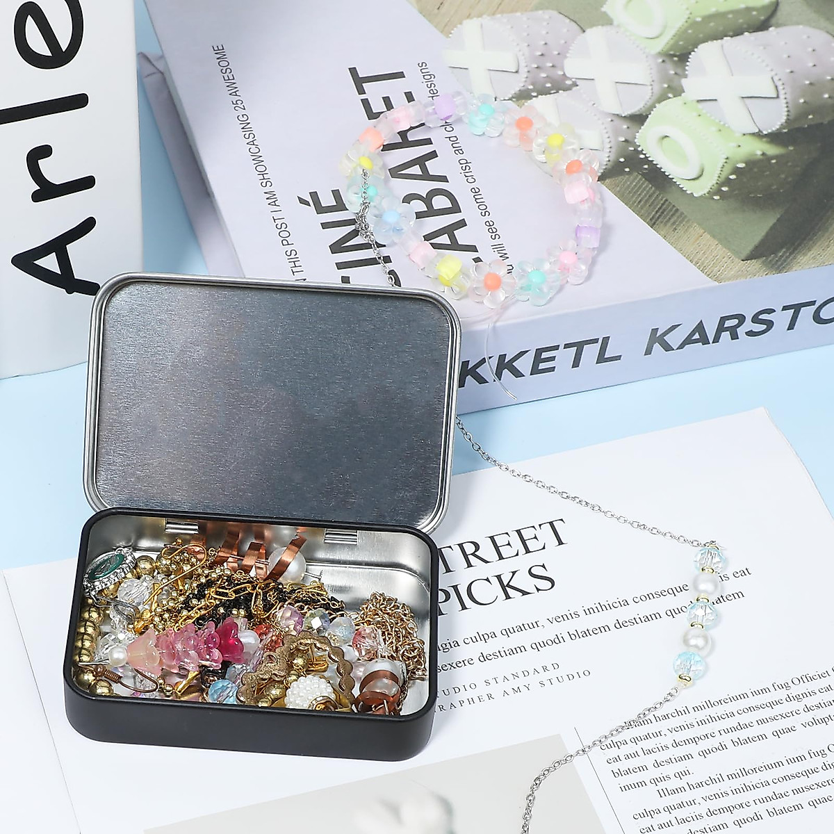 Tin Box with Lid, Small Metal Box Rectangular Hinged Lids Tin Empty Tins Box Containers Mini Cookie Tin Case Portable Metal Tins with Lids for Candies Soaps Earrings Jewelry Crafts Gifts, Black