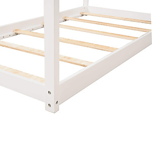 Twin Size House Bed, Wooden Daybed, Floor Bed for Toddlers, Teens, Girls, Boys, Kids House Bed Frame Can Be Decorated (White)