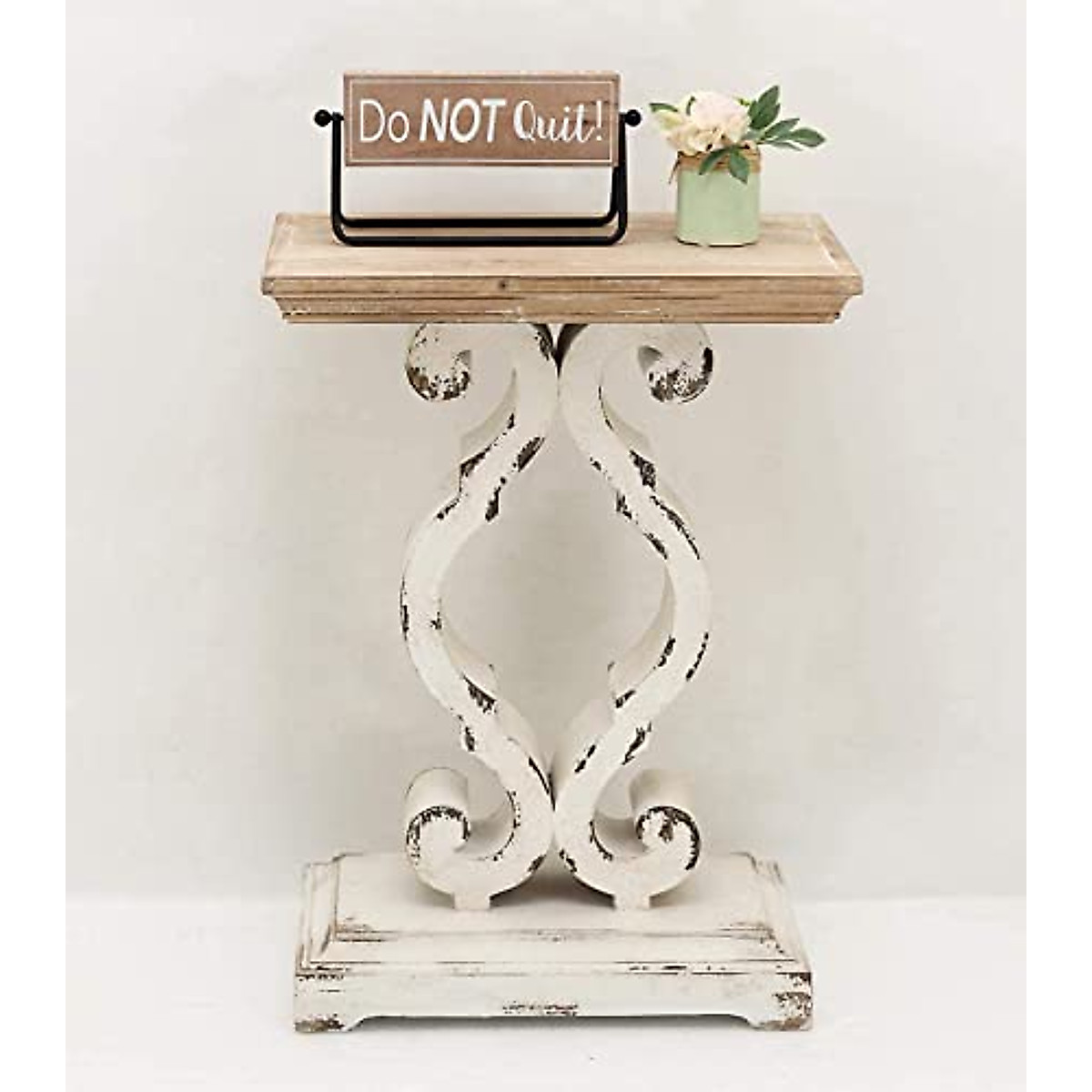 French Country Accent Wood Rectangle End Table, Farmhouse Rustic Wood Side Table with Natural Wood Top and Distressed White Carved Base, Vintage Table for Slim Spaces, 19.75 x 11.75 x 27.5 Inches
