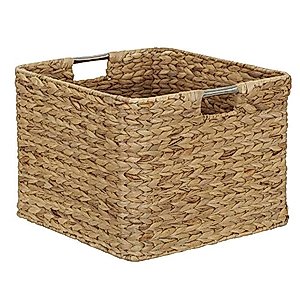Household Essentials Woven Wicker Open Storage Basket with Stainless Steel Handle, Natural