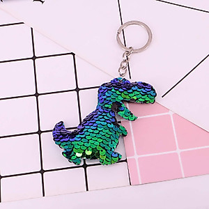 QTKJ Cute Reversible Mermaid Glitter Pompom Sequins Dinosaur Pendant Keychain Key Chain for Women Car Bag Accessories Key Ring (Green)