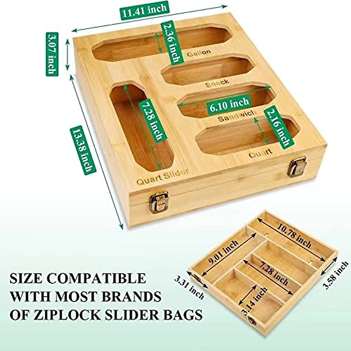 Sandwich Baggie Organizer, 5 Slots Ziplock Bag Storage Organizer, Bamboo Ziplock Bag Storage Organizer, for Kitchen Drawer & Wall Mount, Suitable for Gallon, Quart, Sandwich, and Snack Bags