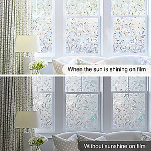 DOWELL Window Privacy Film, 3D Stained Glass Rainbow Window Decals, Decorative Window Vinyl Sun Blocker Door Covering, Static Cling Non-Adhesive Window Sticker for Home, Blooming Flowers, 17.5"x78.7"