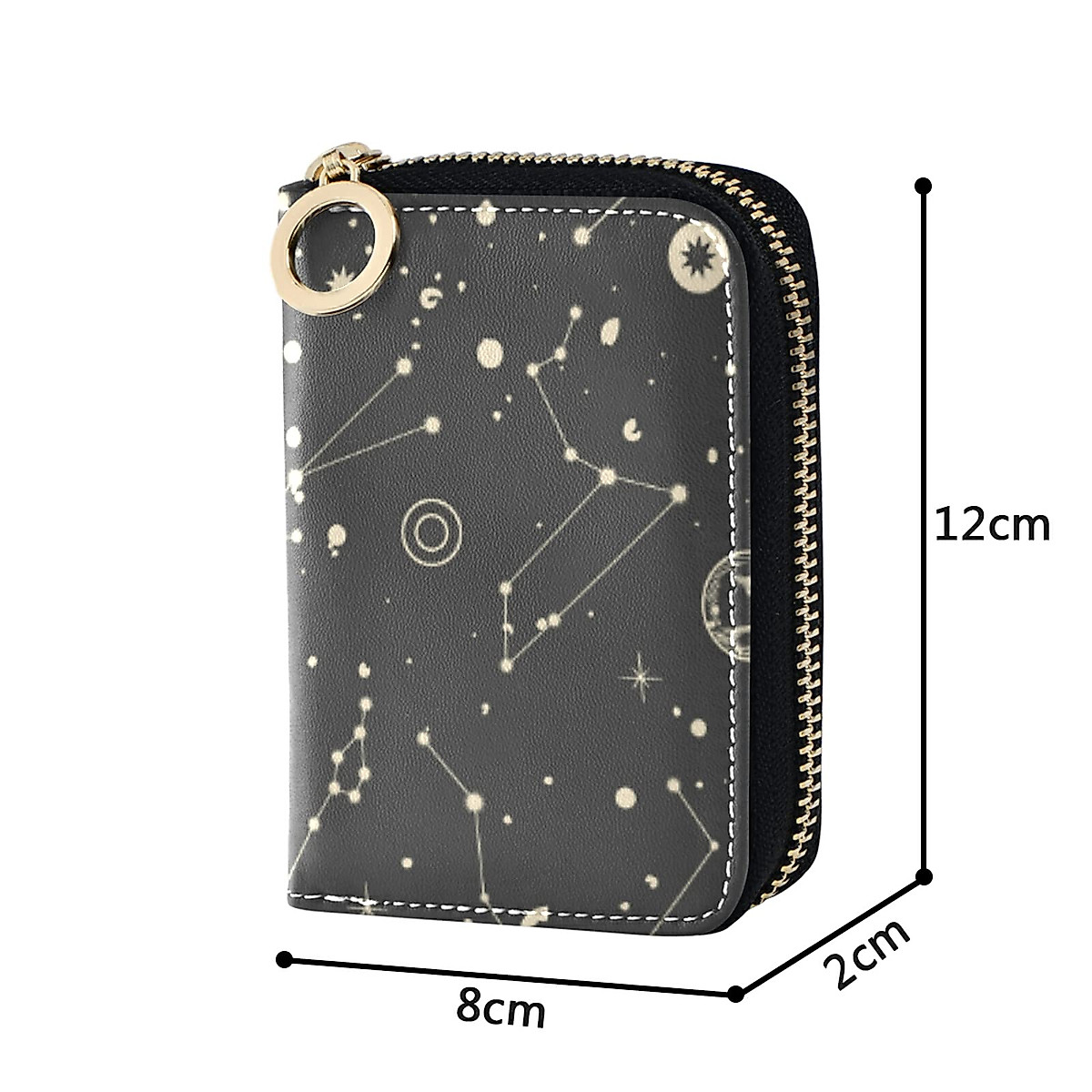 Zodiac Signs Moon Moonlight in Vintage Style on Dark Credit Card Coin wallet, Key Change Organizer Zipper Purse Compact Clutch Pouch Pocket, RFID Blocking Women Leather Card Holder