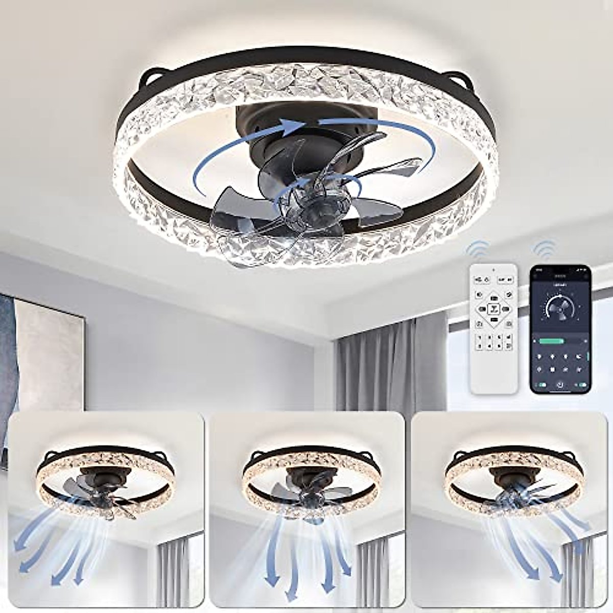 LEDIARY 20 Inch Modern Ceiling Fans with Lights and Remote, Oscillating Low Profile Ceiling Fan, Flush Mount Bladeless LED Ceiling Fan, Dimmable, Stepless Color Changeable, 6 Wind Speeds - Black