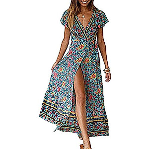 ZESICA Women's 2023 Bohemian Floral Printed Wrap V Neck Short Sleeve Split Beach Party Maxi Dress,Green,Medium