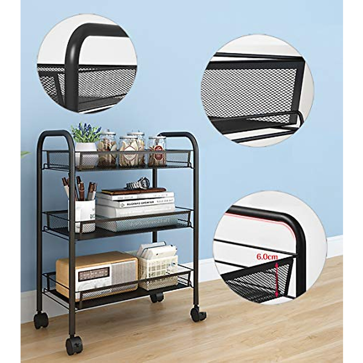 Rolling Storage Cart 3-Tier Metal Mesh Basket Shelves Organizer with Wheels for Home,Office,Kitchen,Bathroom,Bedroom(Black)