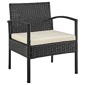 Manhattan Comfort Noli 4-Piece Patio Conversation Set, Outdoor Furniture Made of Steel Rattan | Includes 2 Modern Armchairs, Loveseat, Tempered Glass Coffee Table, Removable Waterproof Cushions, Cream