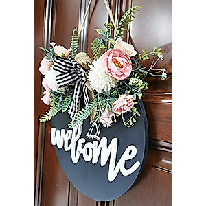 Welcome Sign for Front Door, Farmhouse Porch Décor Wooden Hanging Round Sign 12" Black-Floral