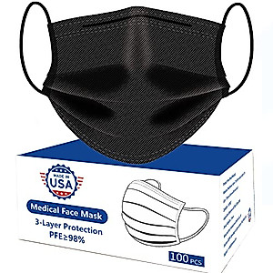 100 Pack Black Disposable Face Masks, USA Made Bulk masks disposable 3-Layer Adult Safety Masks for Protection with Elastic Earloops