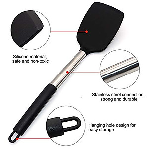 Silicone Spatula Heat Resistant Silicone Handle 2-Piece Set Black Slotted Turner Flexible Silicone Spatula Nonstick Turner Set for Fried Egg, Barbecue, Hamburg