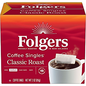 Folgers Coffee Singles Classic Roast Medium Roast Coffee, 19 Single Serve Coffee Bags