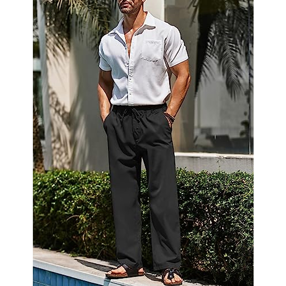COOFANDY Men Casual Linen Pants Beach Summer Lightweight Pants Elastic Waist Drawstring Loose Trousers (Black, L)