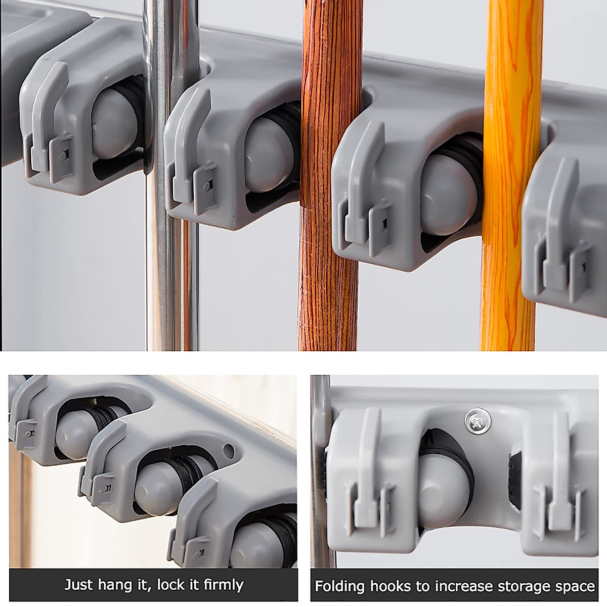 DMUNIZ Mop Storage Racks, Broom Holder Organizer, 5 Racks, 6 Hooks, Stainless Steel, for Garage, Laundry Room, Closet, Tool Storage, 11 Positions