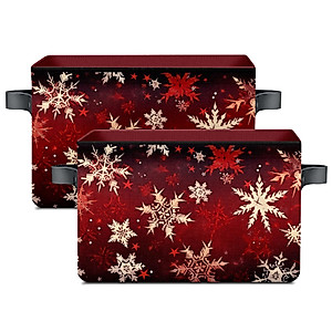 HANGNOW Elegant Red Snowflake Storage Bin Holiday Themed Organizer Spacious Seasonal Decoration Box Collapsible Basket with Handles Festive Home Decor Container Perfect for Gift Wrapping 10x14x8in