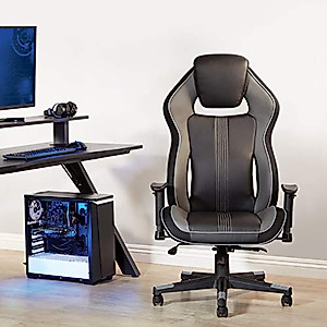 OSP Home Furnishings BOA II Ergonomic Adjustable High Back Gaming Chair with Thick Padded Coil Spring Seat, Built-in Lumbar Support and Headrest, Black Bonded Leather with Grey Accents